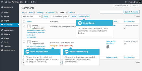 Marking WordPress comments as Spam and Trash - Easy WP Guide